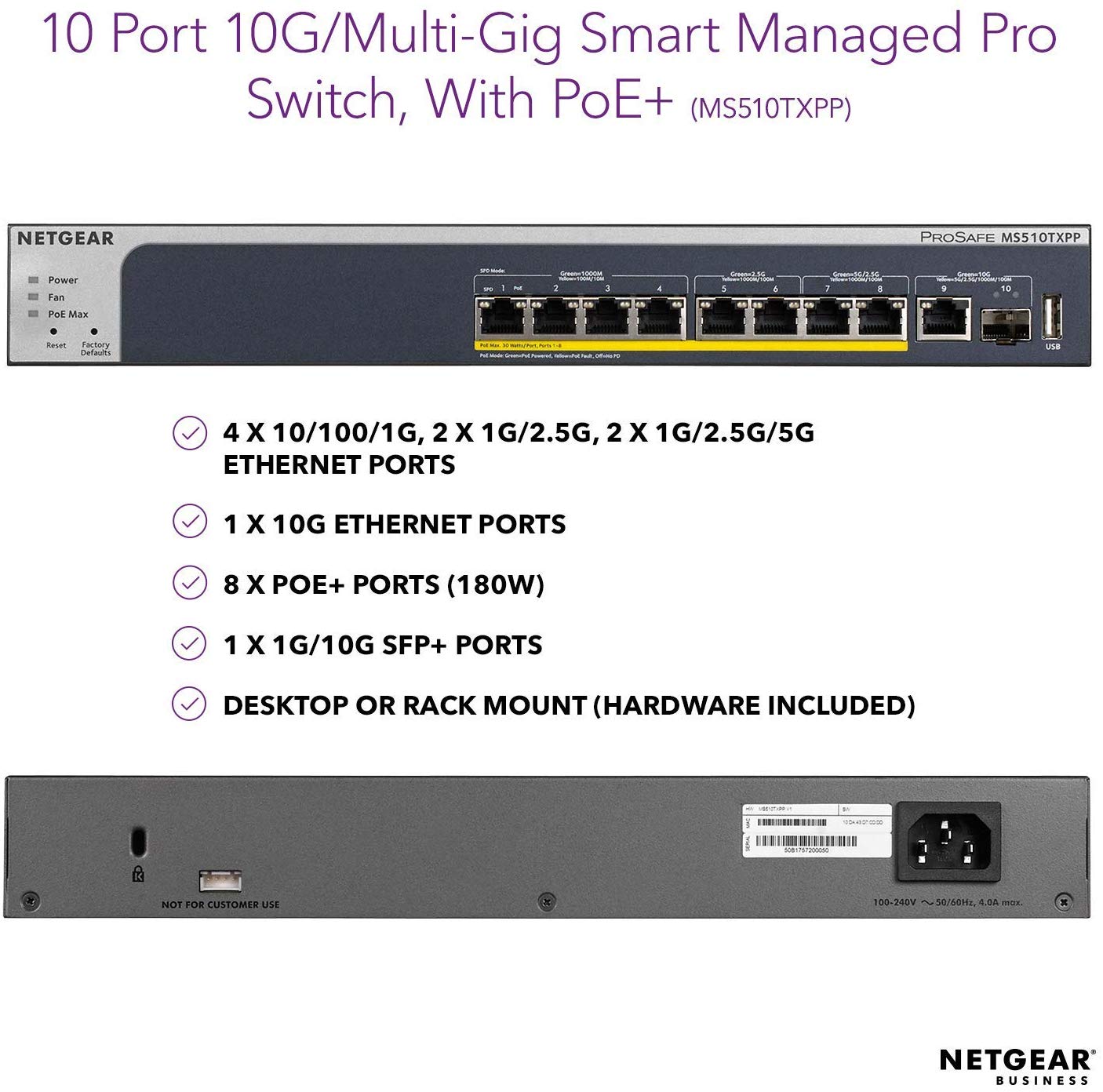NETGEAR 10-Port PoE 10G Multi-Gigabit Smart Switch (MS510TXPP ...