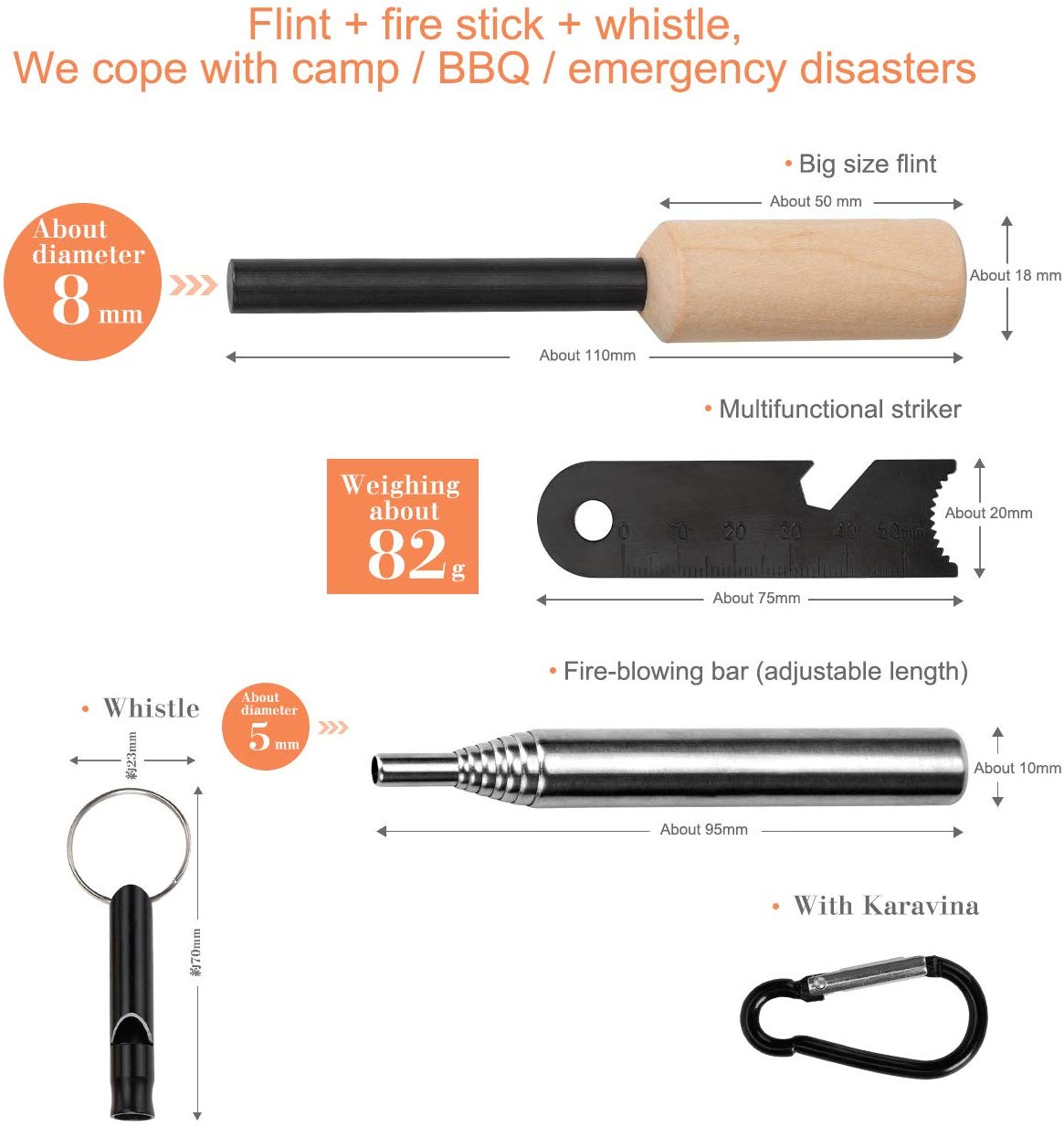 Black Magnesium Flintstone, Denavo-EU Outdoor Flint Fire Tool Set ...